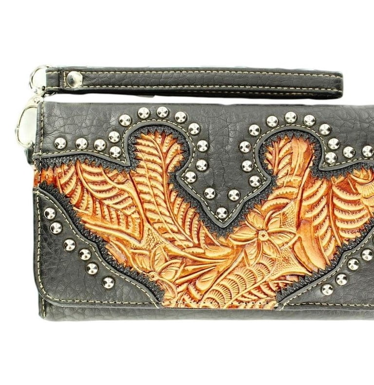 Nocona Western Wallet Womens Tooled Studs Crystal Heart Brown N75396 ...
