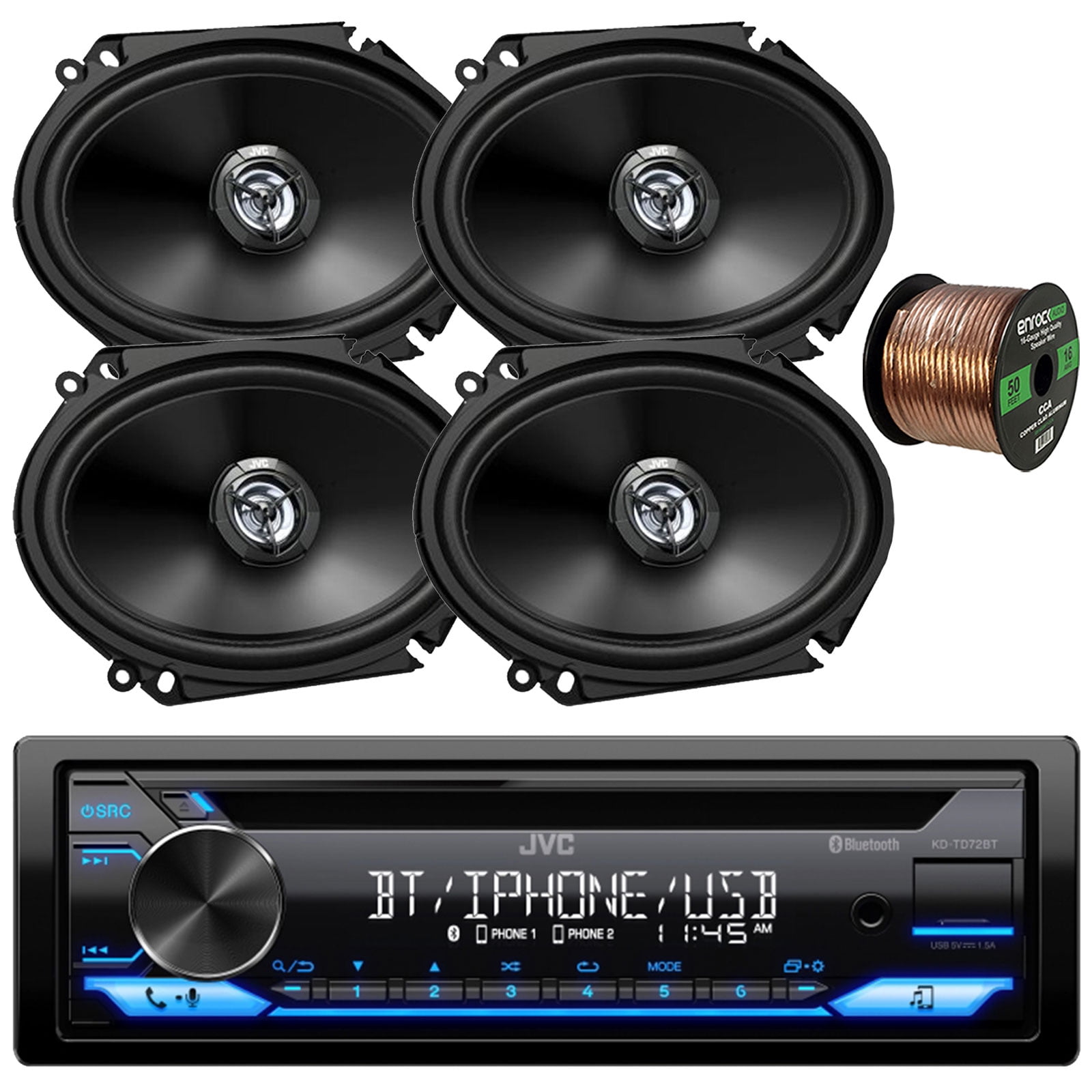 JVC KD-TD72BT Single DIN Bluetooth USB AUX AM/FM Radio CD Player Car Audio Receiver Bundle Combo ...