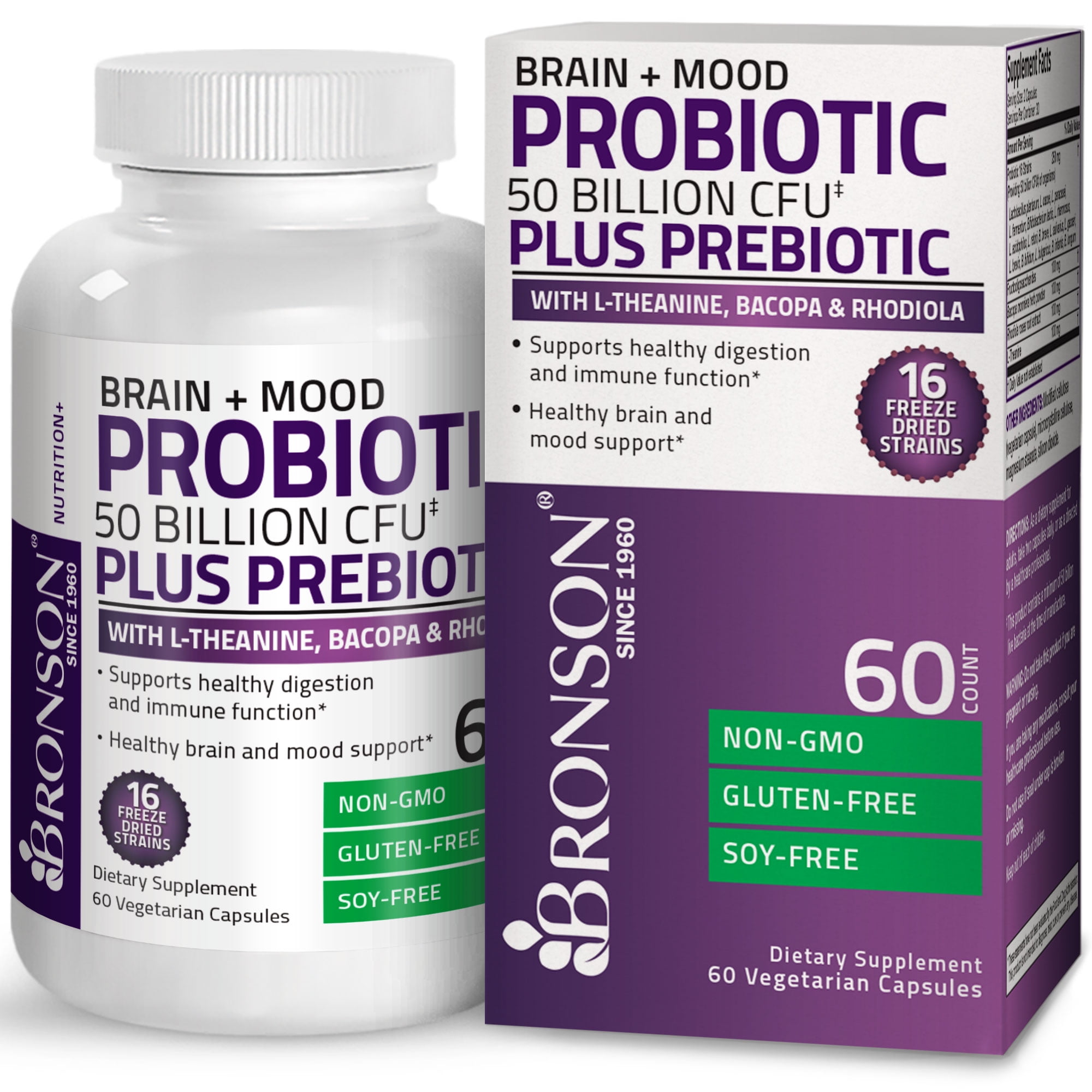 Bronson Brain + Mood Probiotic 50 Billion CFU Plus Prebiotic with L ...
