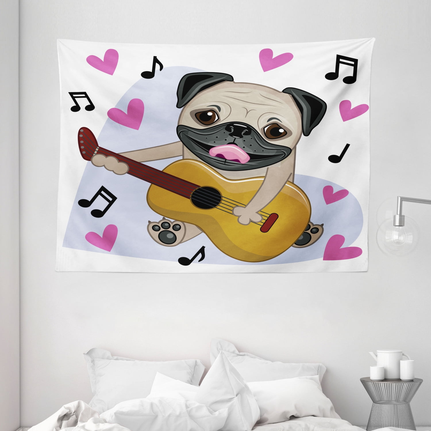 Pug Tapestry, Pug Dog Playing Guitar Singing with Cute Pink Hearts ...