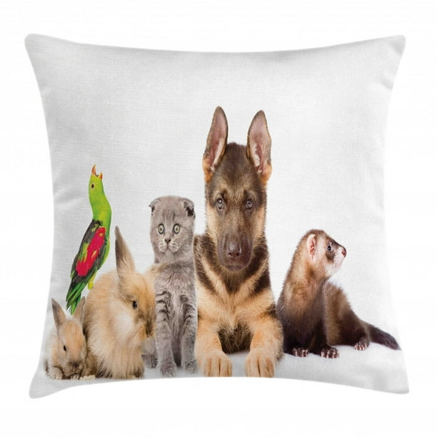 Animal Throw Pillow Cushion Cover, Sweet Photo with Bunnies Cat Dog and ...