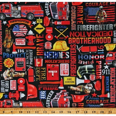 Cotton Firefighters Patchwork Fireman Fire Department Flames Squares ...
