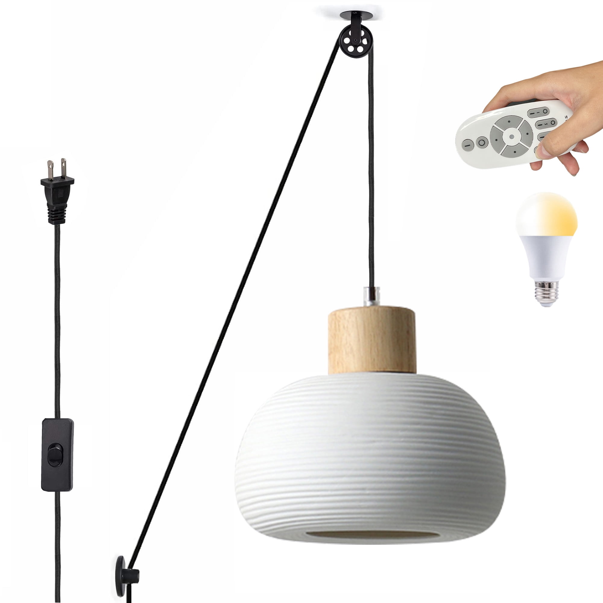 Kiven Plug in Pendant Light, Modern Pulley Hanging Light with Remote ...