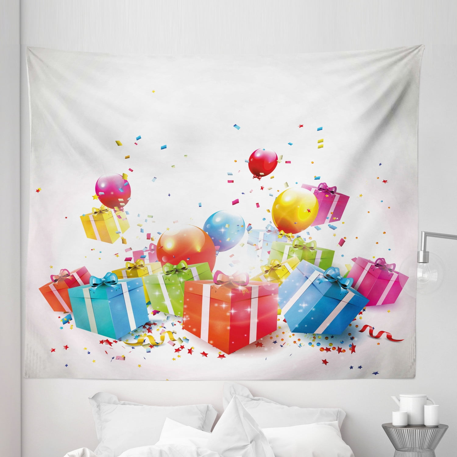 Birthday Tapestry, Surprise Boxes with Bow Ties Rain Colorful Balloons ...