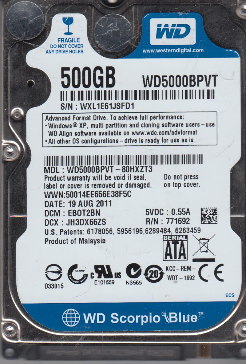 WD5000BPVT-80HXZT3, DCM EBOT2BN, Western Digital 500GB SATA 2.5 Hard ...