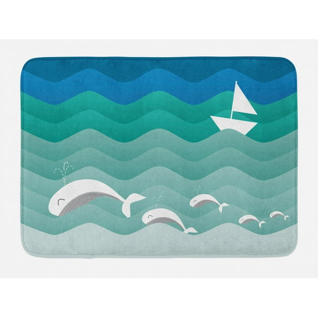 Nautical Bath Mat, Nautical Theme with Paper Boat Sea Happy Dolphins ...