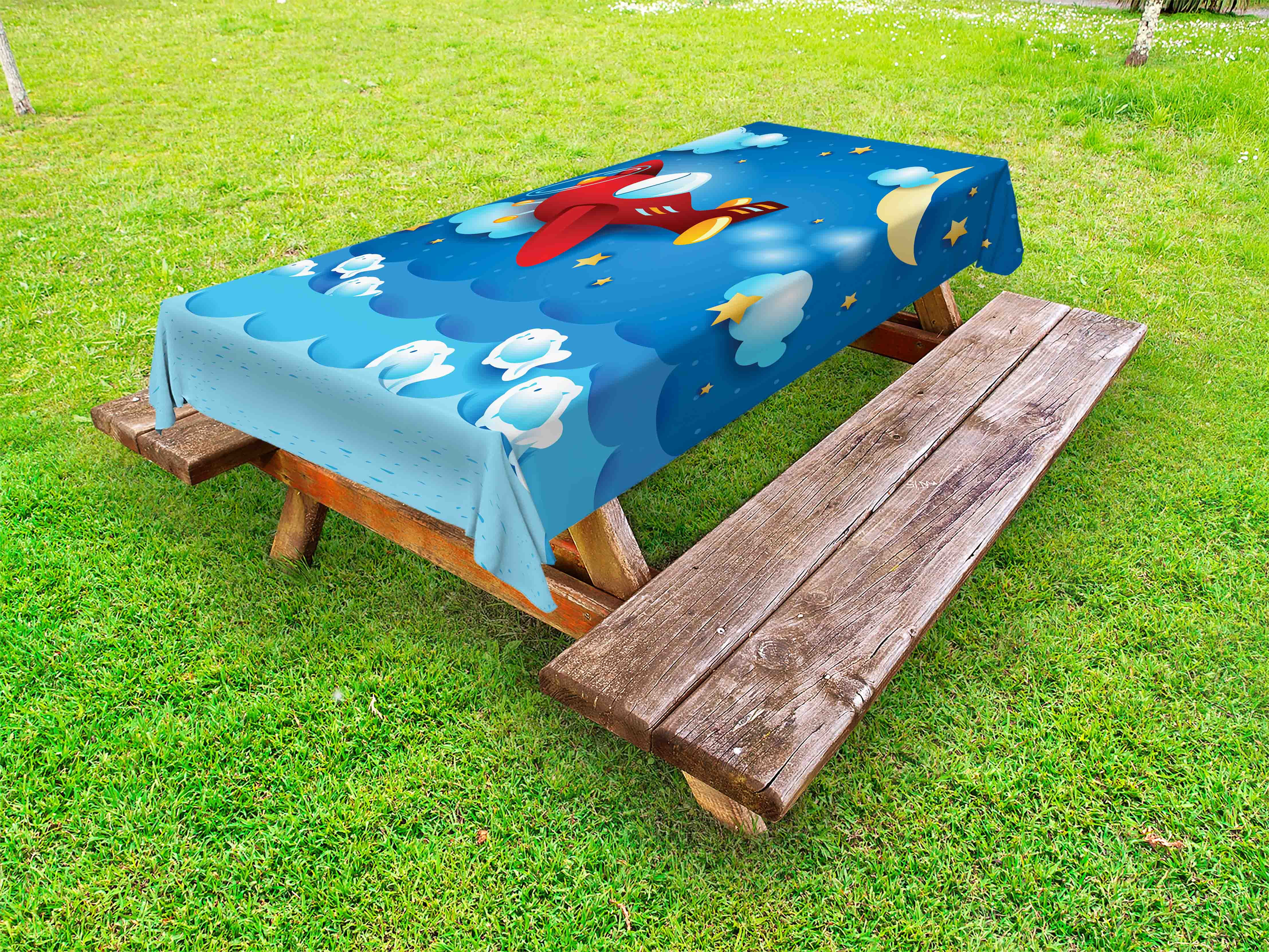 Moon Outdoor Tablecloth, Retro Airplane The Moon and the Stars in the ...
