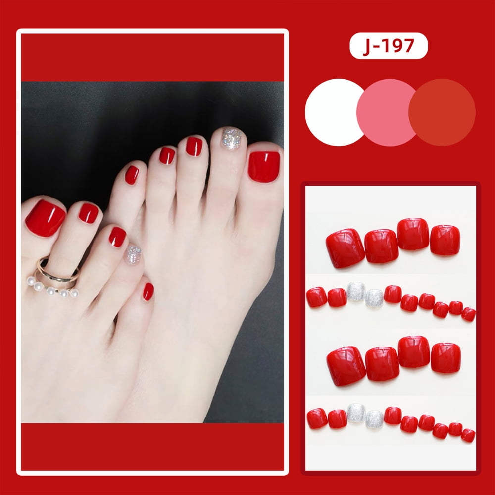 Removable Glue-On Fake Toenails Garnet Red False Toenails Set with ...