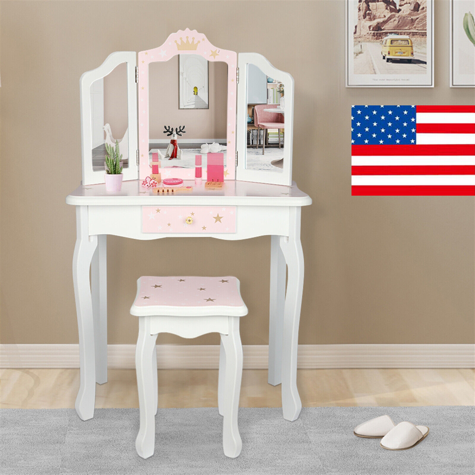 Clearance! Children's Wooden Dressing Table Three-Sided Folding Mirror ...