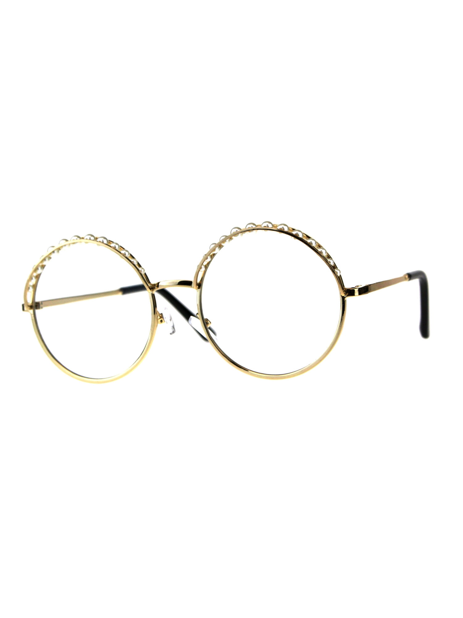 Womens Pearl Jewel Brow Trim Round Circle Clear Lens Metal Rim ...