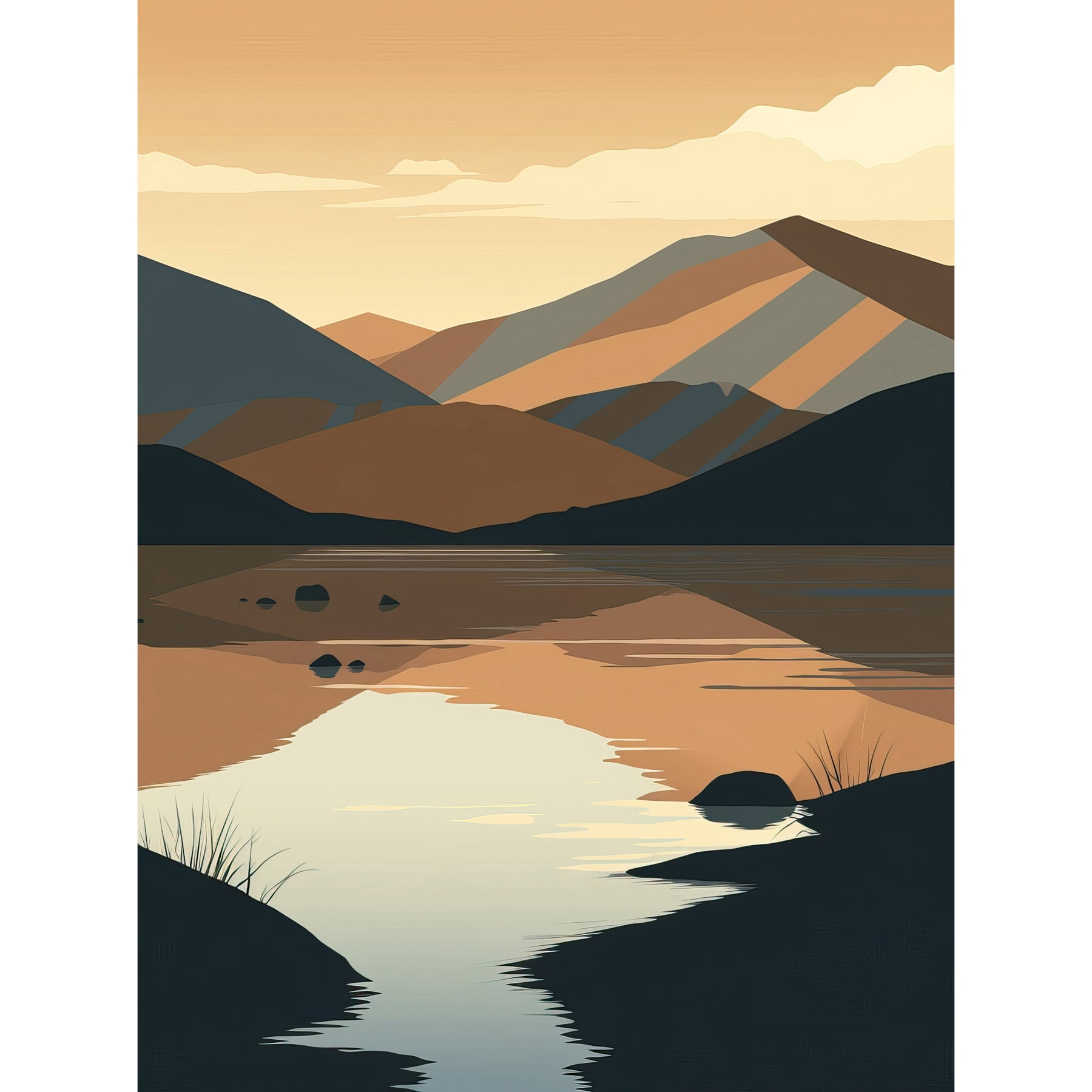 Boho Lakeside Mountain Landscape Illustration Unframed Wall Art Print ...