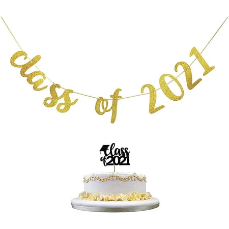 Class of 2021 Banner and Cake Topper, Gold and Black Glitter ...