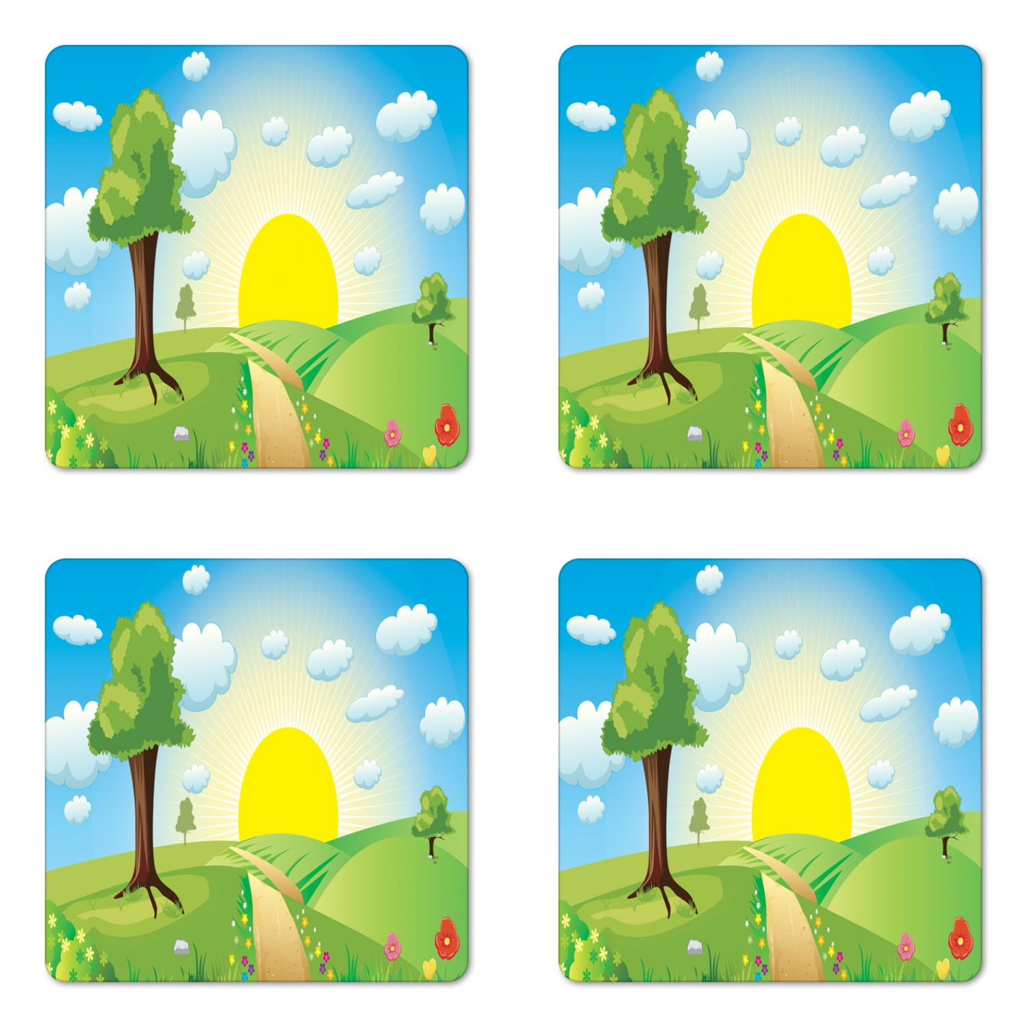 Country Coaster Set of 4, Landscape of Hills Covered with Green Grass ...