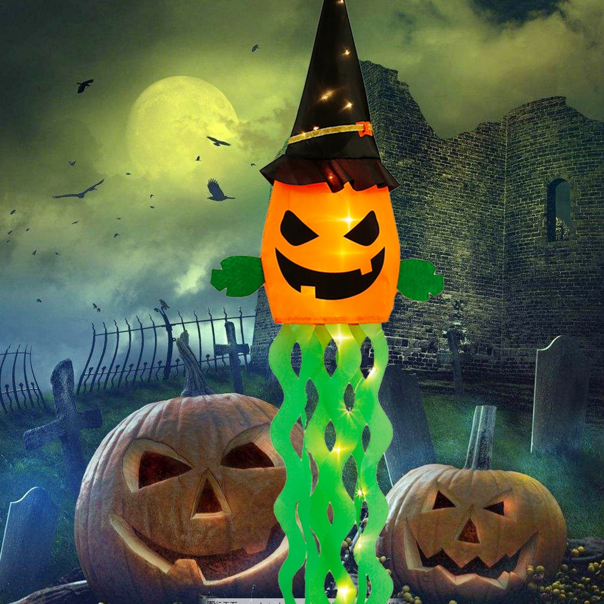 BUTORY Halloween Windsock Pumpkin Skeleton Hand Flag with String Lights ...