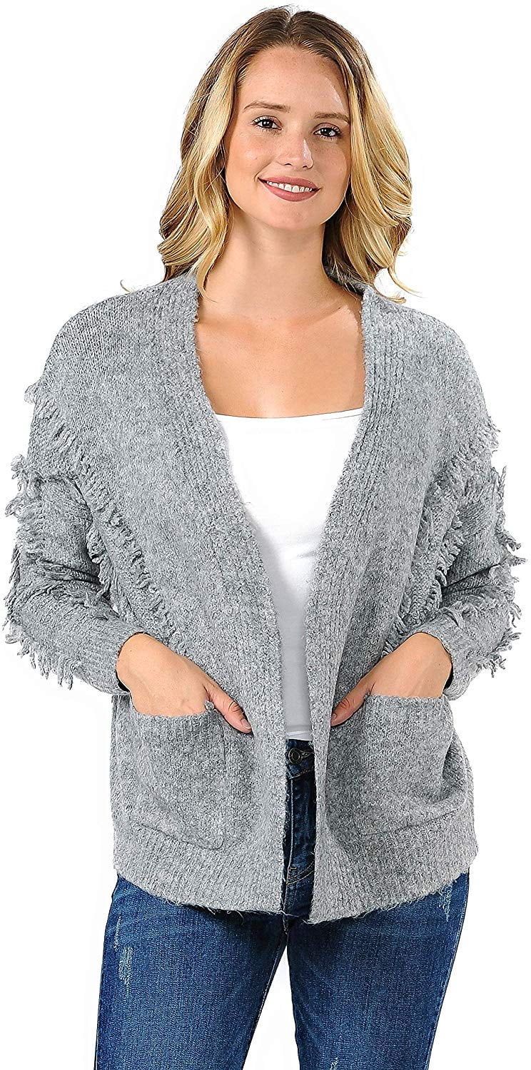 Excellentop Women's V Neck Open Front Frayed Fringe Cardigan Plunge ...