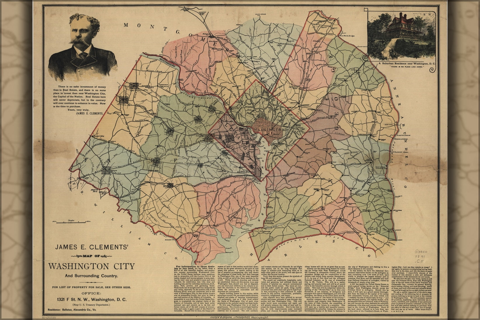 24"x36" Gallery Poster, Clements map of Washington DC and area 1891 ...