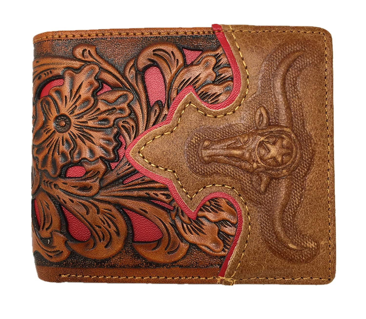 Western Mens Leather Longhorn Floral Tooled Laser Cut Long Wallet ...