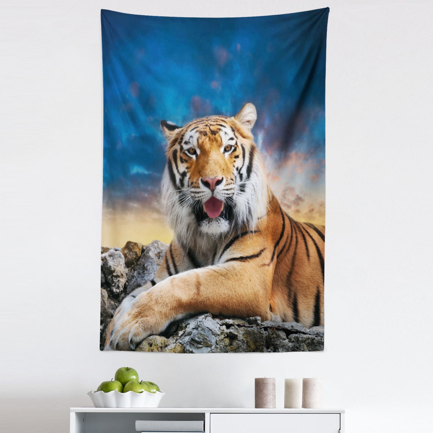 Tiger Tapestry, Calm Siberian Large Cat with Sunset Resting on a ...