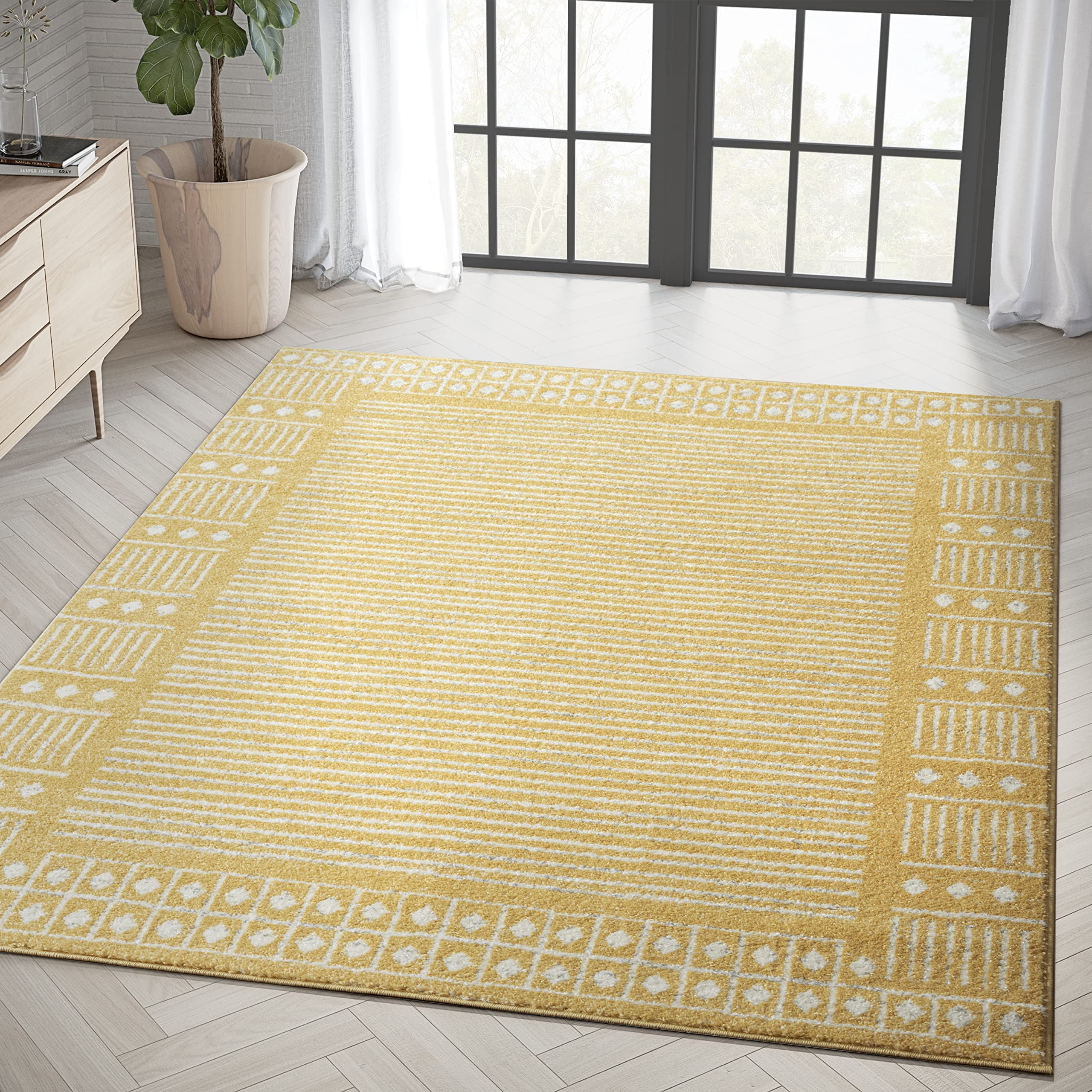 Abani Casa Collection Yellow Cream 5' x 8' Horizontal Lines Modern Area ...