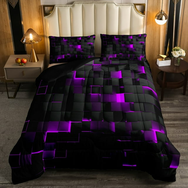 YST Neon Black Purple Comforter Set King Abstract Geometric Grid ...