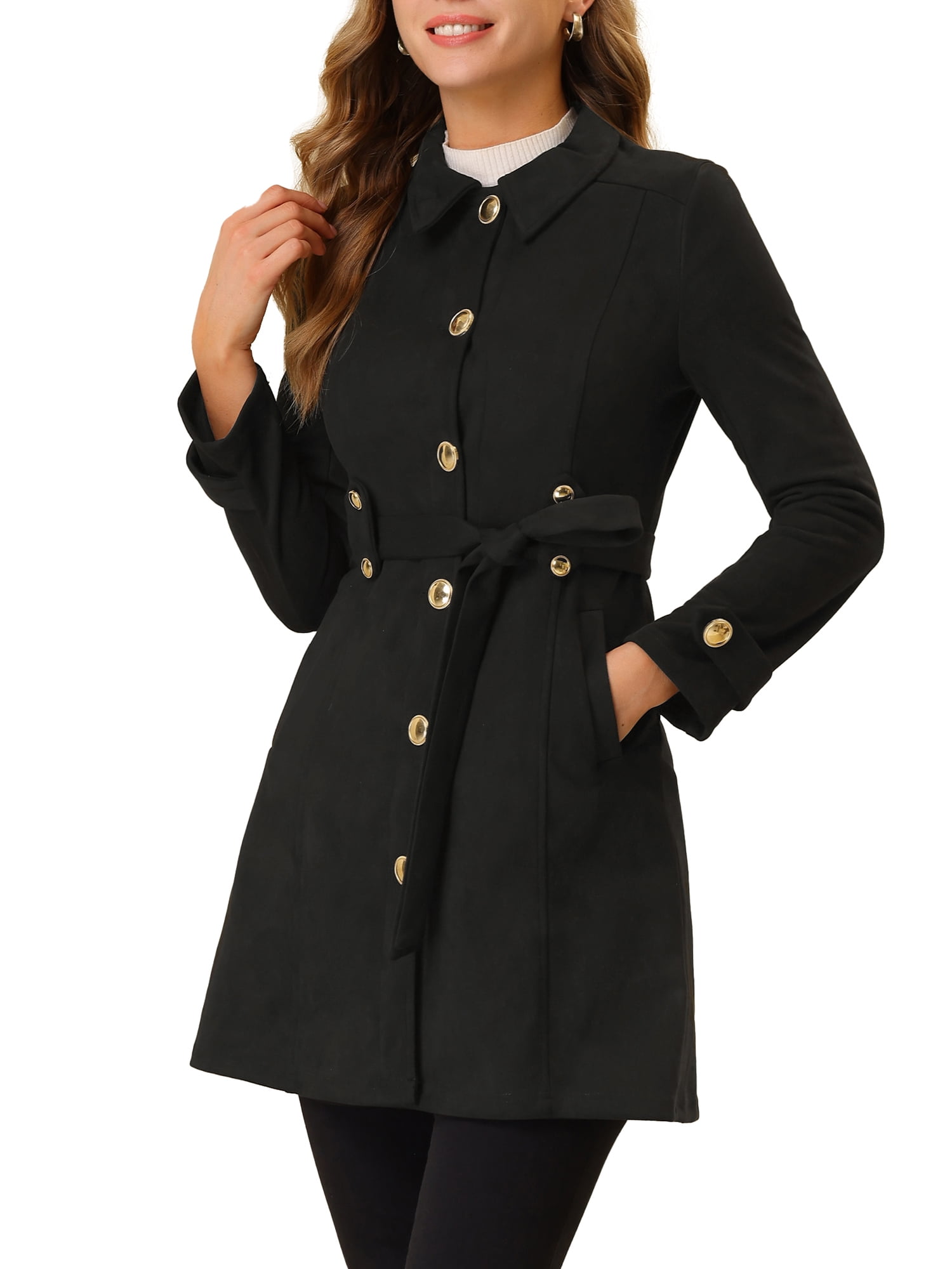 Allegra K Women's Winter Faux Suede Button Front Tie Belt Waist Long ...