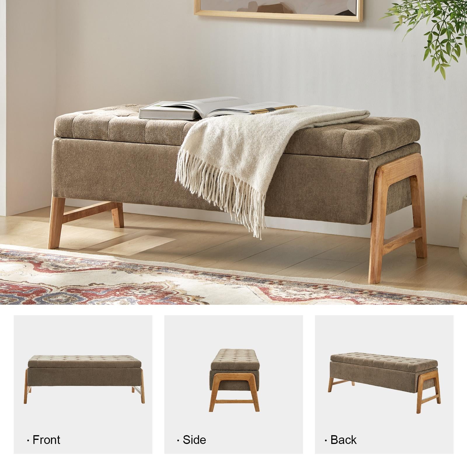 47 Modern Fabric Storage Bench Flip Top and Upholstered Cushioned for Entryway Bedroom Brown