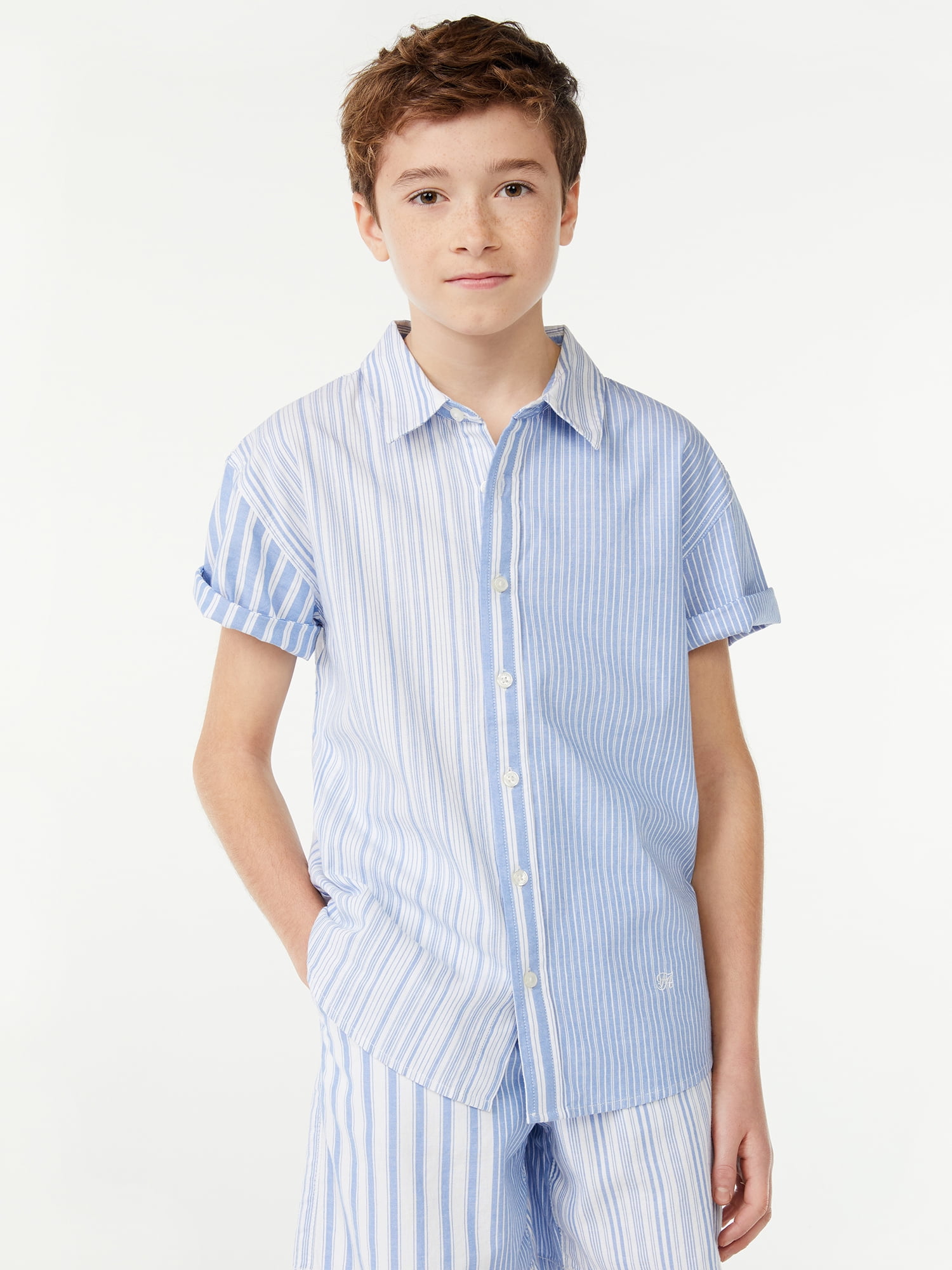Free Assembly Boys Short Sleeve Blanket Stripe Button Down Shirt, Sizes ...
