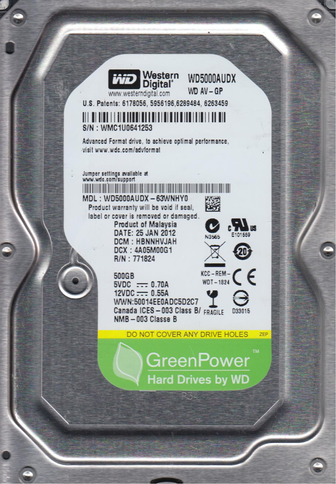 WD5000AUDX-63WNHY0, DCM HBNNHVJAH, Western Digital 500GB SATA 3.5 Hard ...