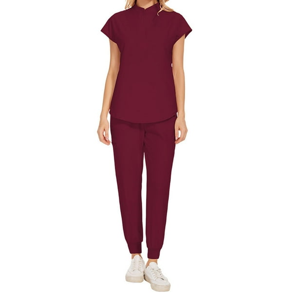 Women Scrub Set Nursing Uniform Breathable Pocket Top Jogger Pants ...