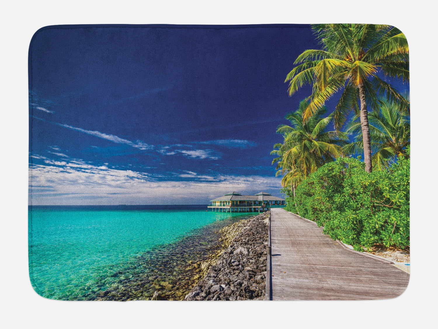 Ocean Bath Mat, A Wooden Boardwalk at the Beach Palm Trees in Dark Sky ...