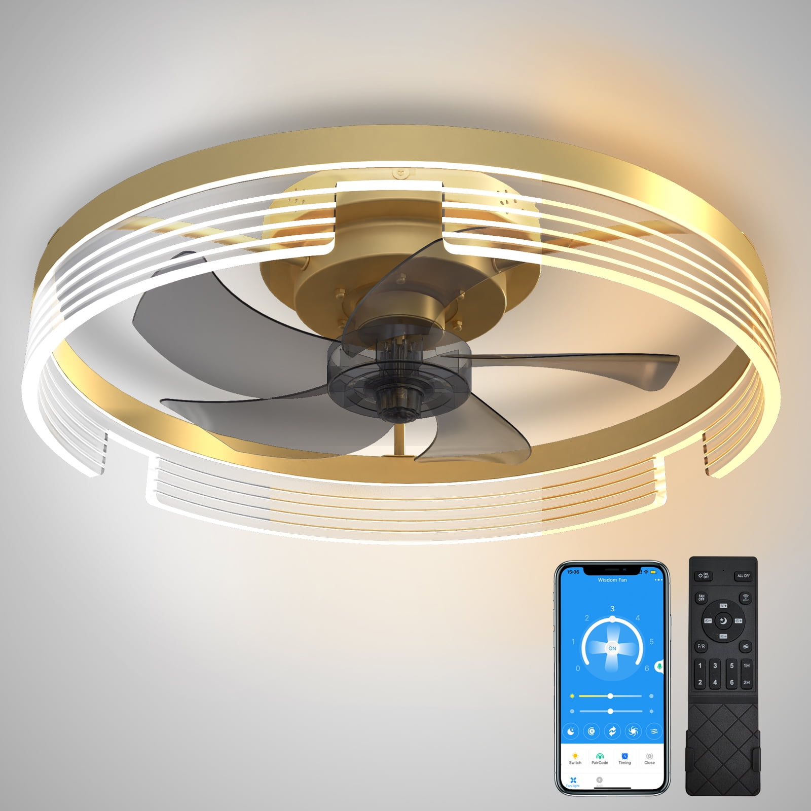 Surnie Gold Ceiling Fan with Light-Modern Flush Mount Low Profile ...