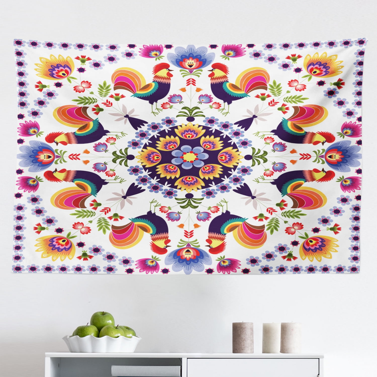 Polish Folk Art Tapestry, Themed Illustration with Vivid Roosters and ...