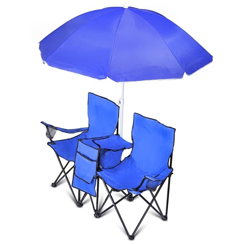 Double Folding Picnic Chairs w/Umbrella Mini Table Beverage Holder ...