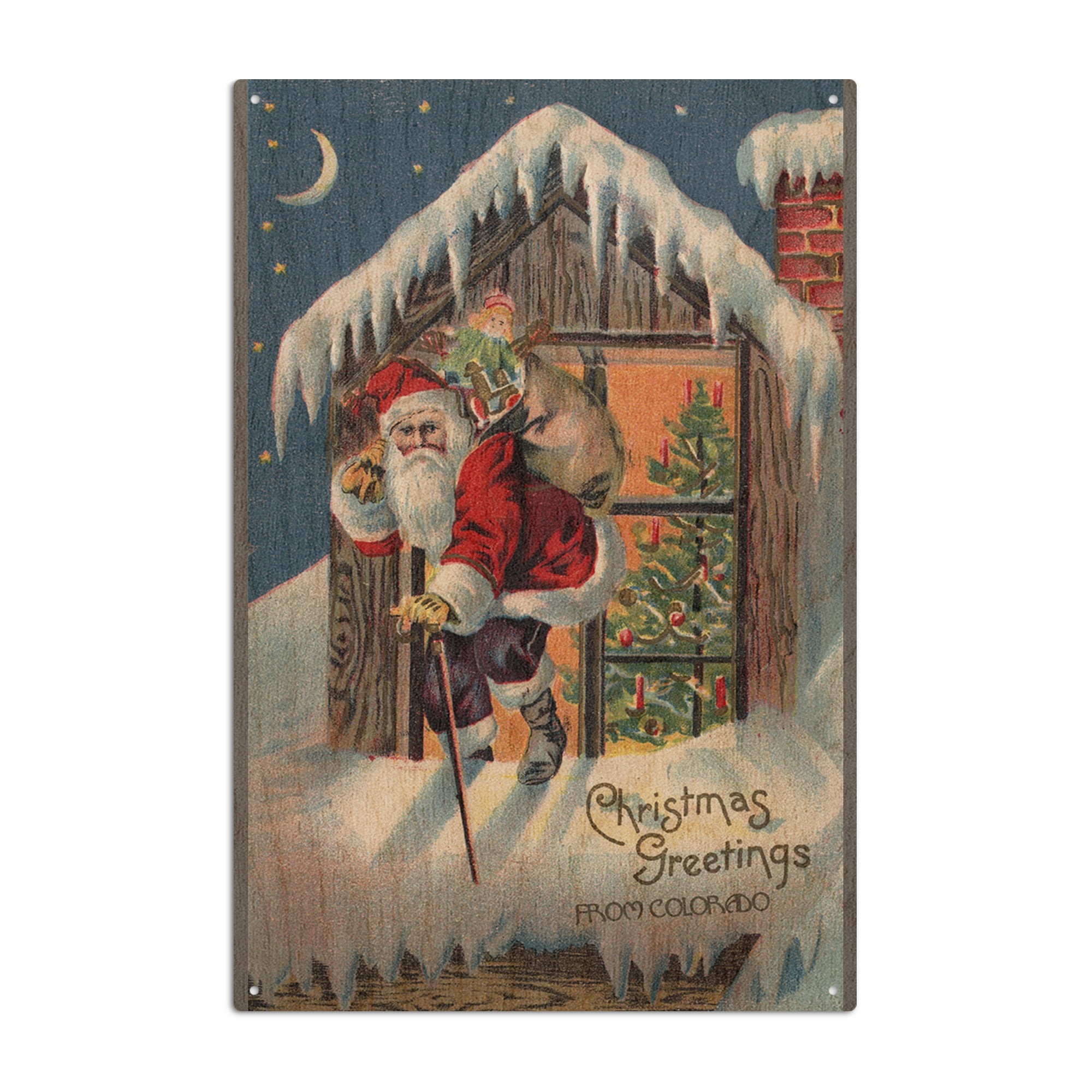 Chrsitmas Greetings from Colorado, Santa Climbing Out Window Birch Wood ...