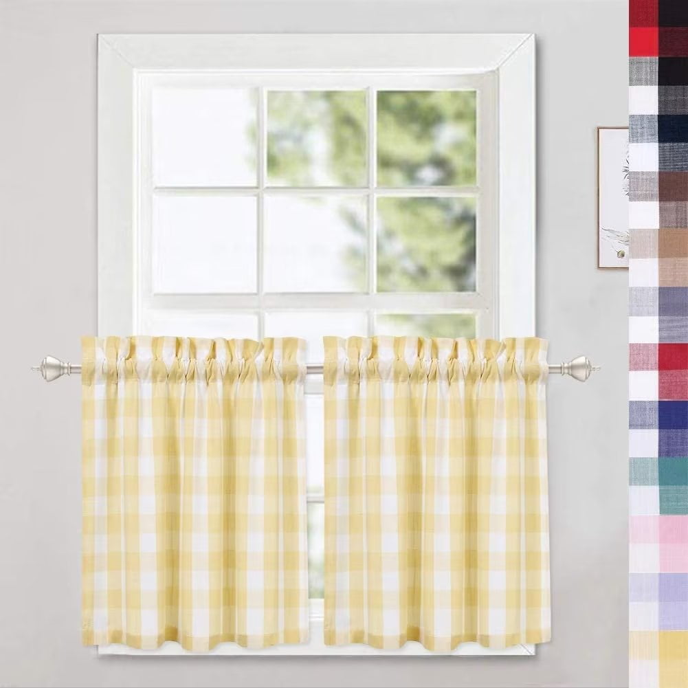 GlowSol Farmhouse Checked Cafe Curtains 24 inch Thick Yarn Dyed Light ...
