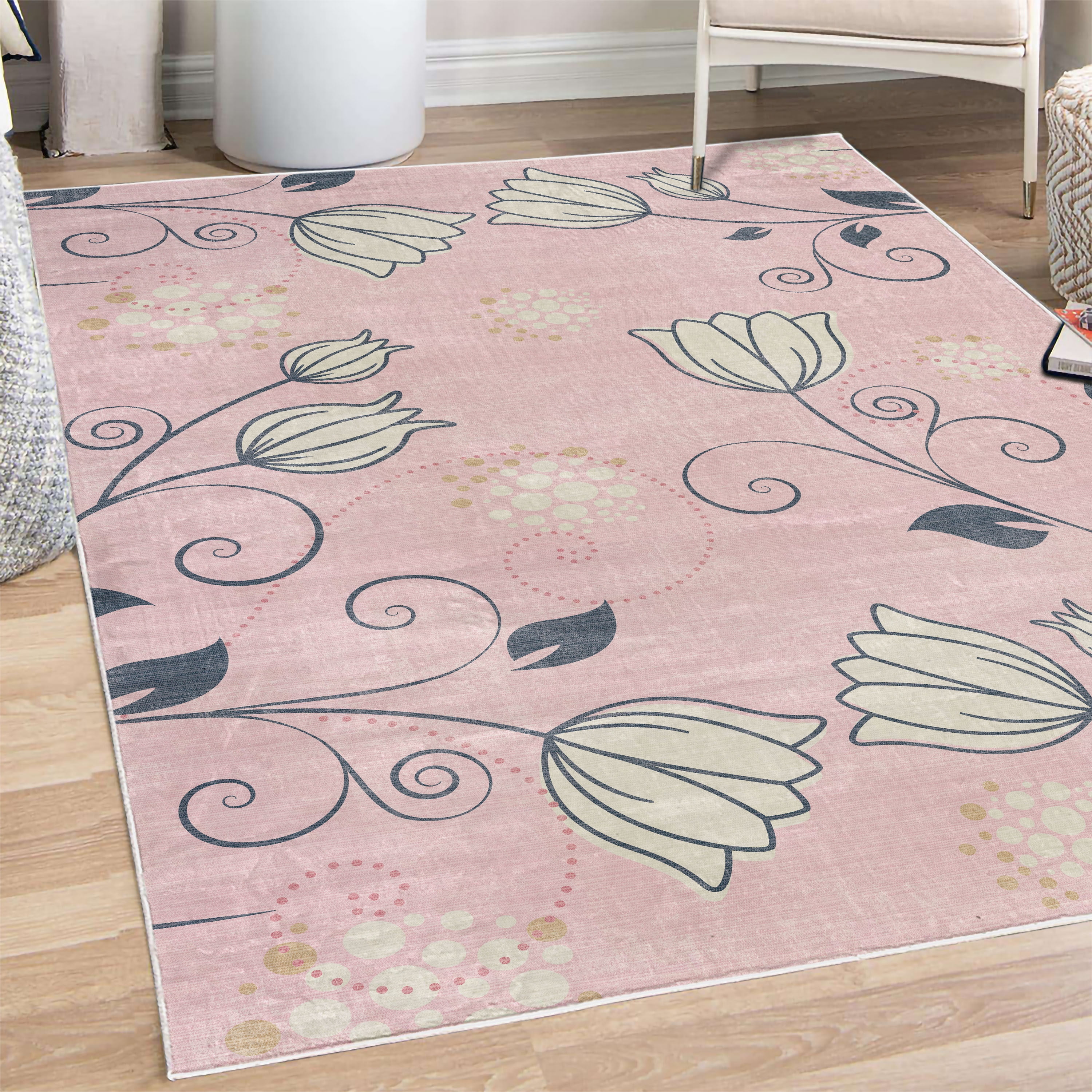 Floral Decorative Rug, Dutch Tulip Ottoman Flowers with Leaves Natural ...