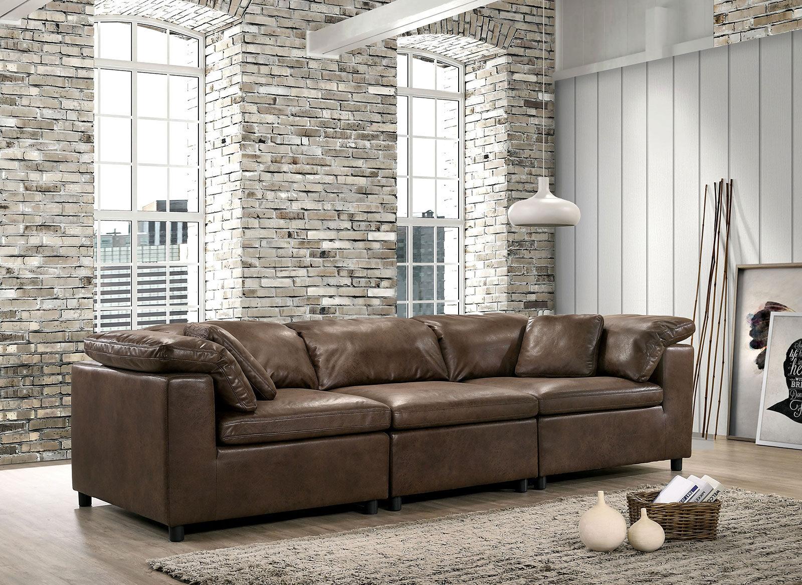 Contemporary Brown Fabric-like Vinyl Living Room Set 3pcs FOA Tamera ...