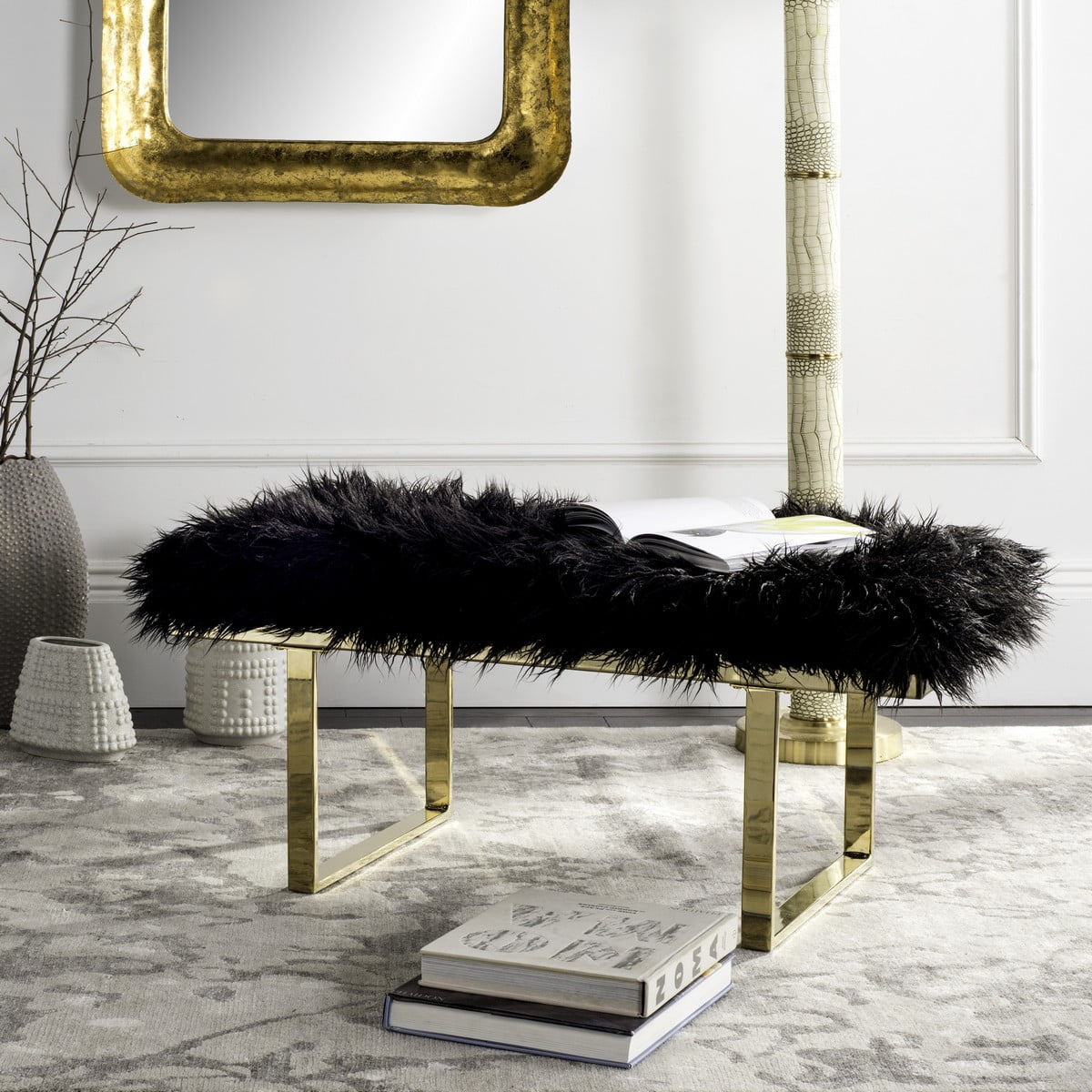 Safavieh Maia Brass Plated Faux Sheepskin Bench, Multiple Colors ...