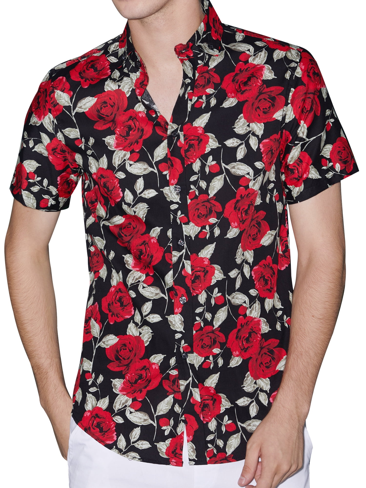 Unique Bargains Men Slim Fit Floral Print Short Sleeve Button Down