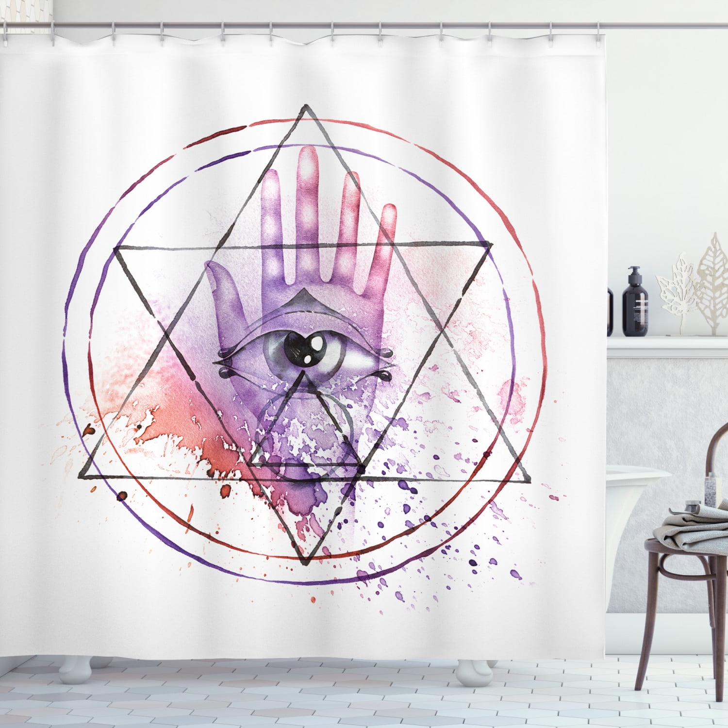 Alchemy Shower Curtain, Watercolor Design All Seeing Eye Hand in Circle ...