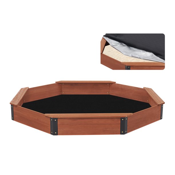 D-road Outdoor Wooden Kids Octagon Sandbox W/ Cover, Bottomless W ...