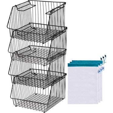 4 Pack XXL Stackable Wire Baskets with Handles, X-cosrack Fruit ...