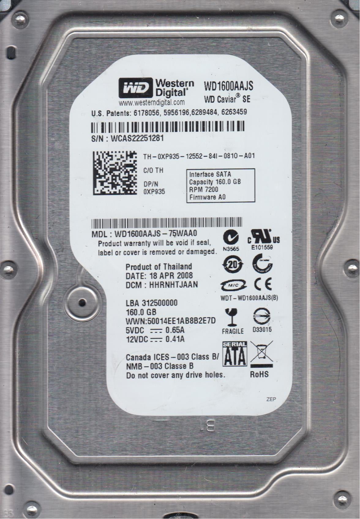 WD1600AAJS-75WAA0, DCM HHRNHTJAAN, Western Digital 160GB SATA 3.5 Hard ...