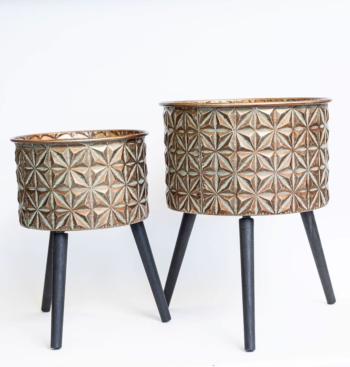 Set Of 2 Round Bronze Colored Patterned Metal Pots On Tripod Legs ...