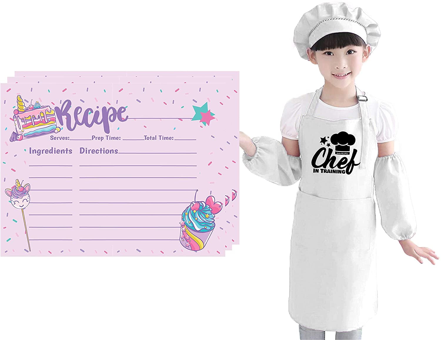 Kids Kitchen Apron Set with Unicorn Rainbow Recipe Cards Set, Kids ...