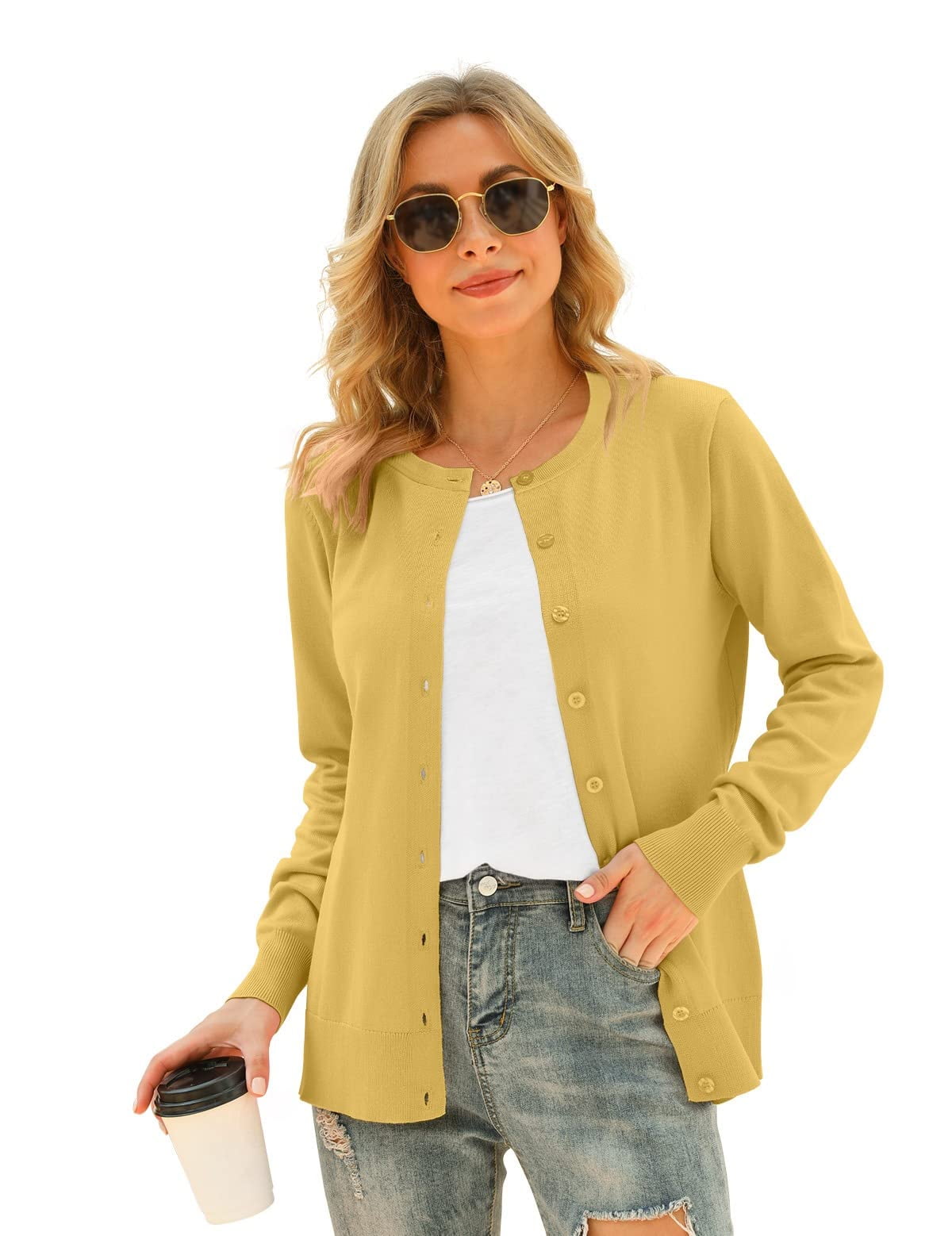 MLANM Women's Long Sleeve Button Down Crew Neck Classic Sweater Knit ...