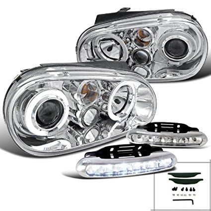 VW Golf GTI MK4 Chrome Twin Halo Projector Headlights+LED Bumper DRL ...