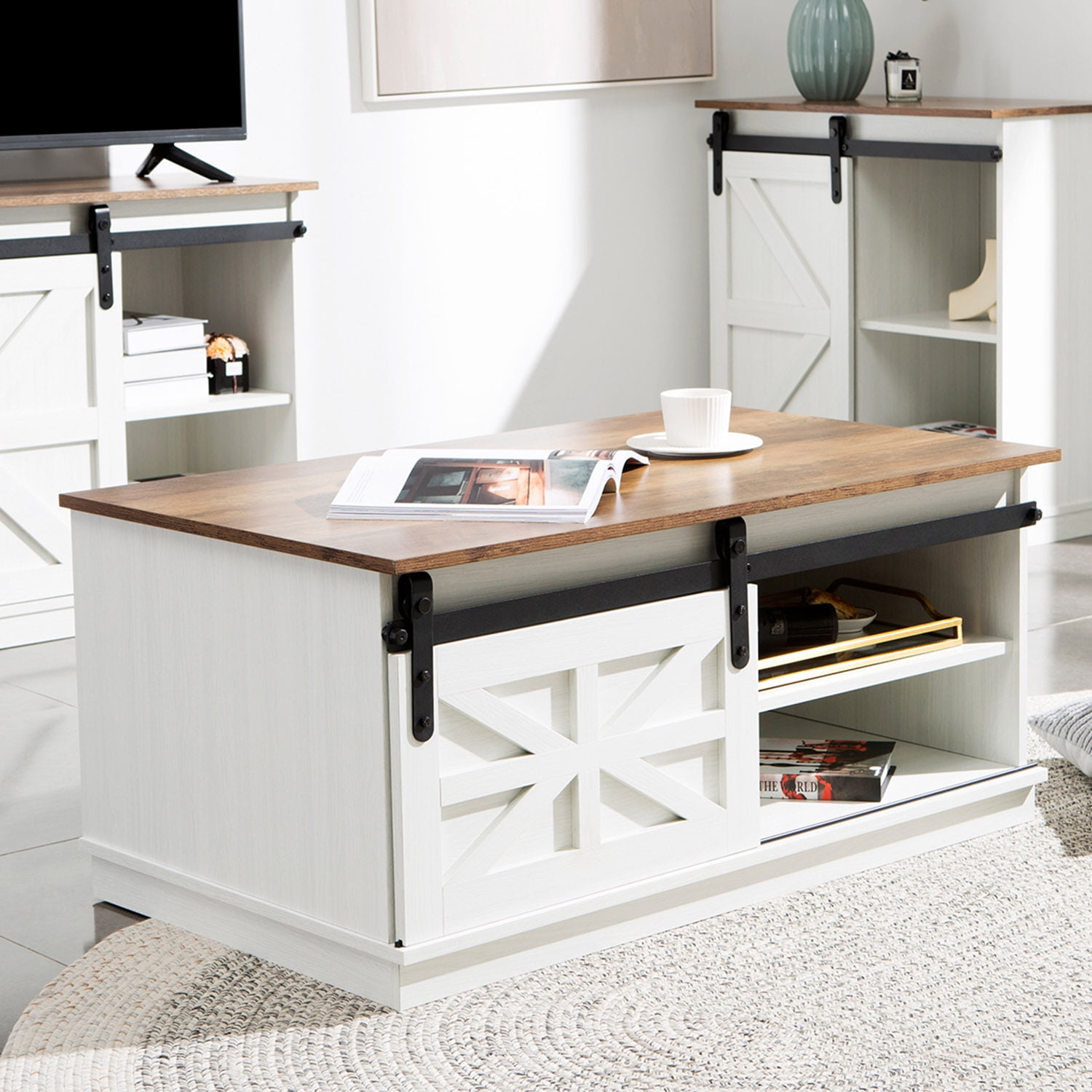 Patiowell Coffee Table with Sliding Barn Door, Adjustable Storage ...