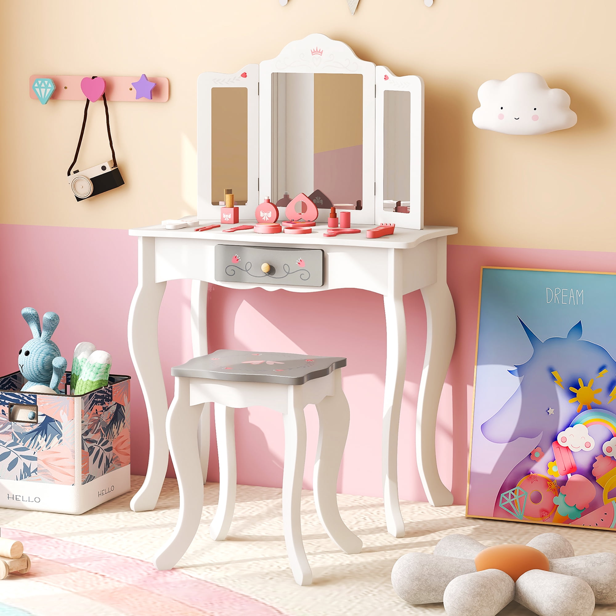 Click here for Gymax Kids Vanity Set Makeup Table & Chair Tri-Fol... prices