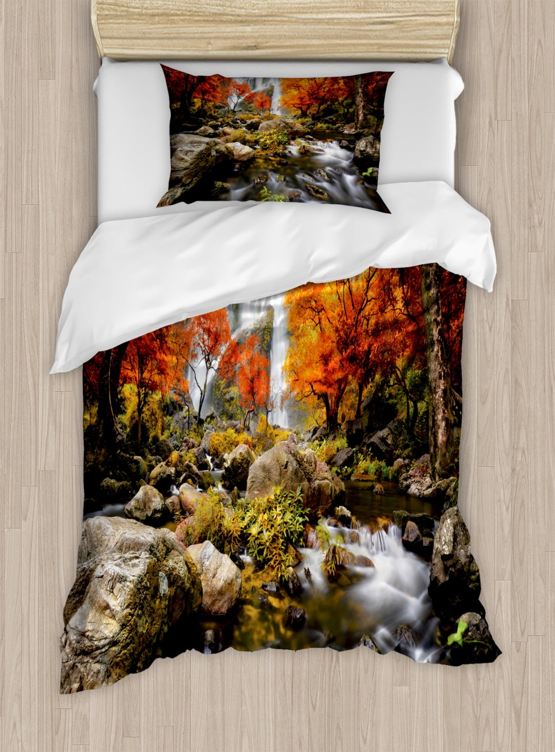 Autumn Duvet Cover Set Twin Size, Warm Colored Fall Season Trees and ...